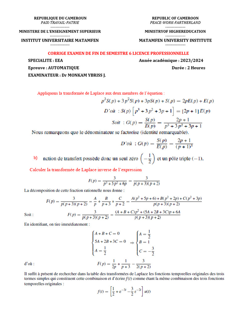 Corrige Epreuve - Automatique - SN - Lipro - Eea - 2024 | PDF