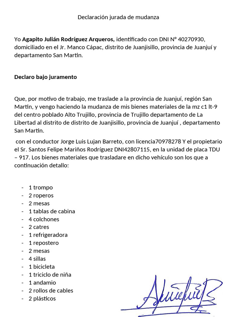 Declaración Jurada de Mudanza | PDF