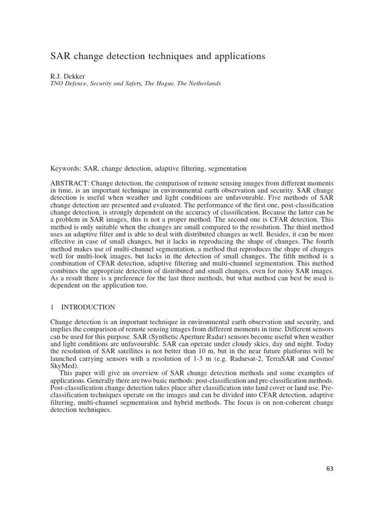 SAR Change Detection Techniques and Applications: TNO Defence, Security and Safety, The Hague ...