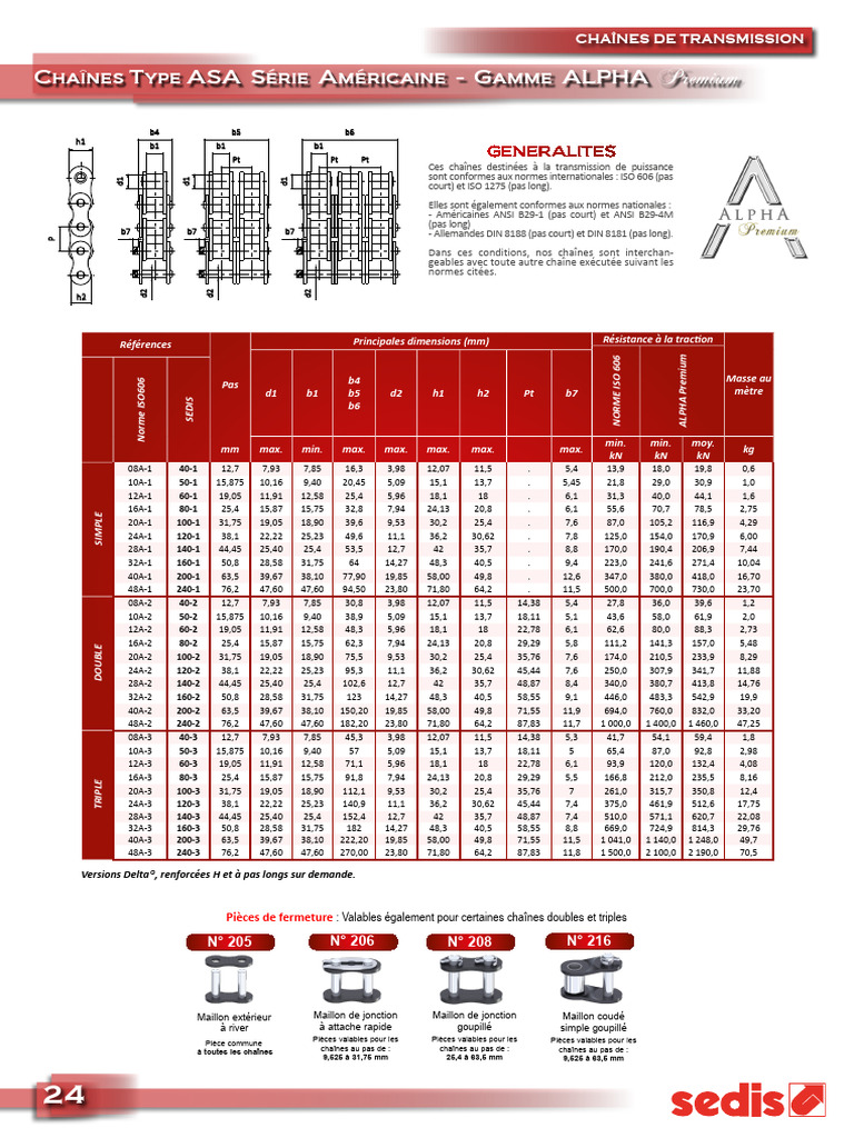 Sedis Principales Fabrications Chaines Transmission Type Asa Serie Americaine 24 25 | PDF