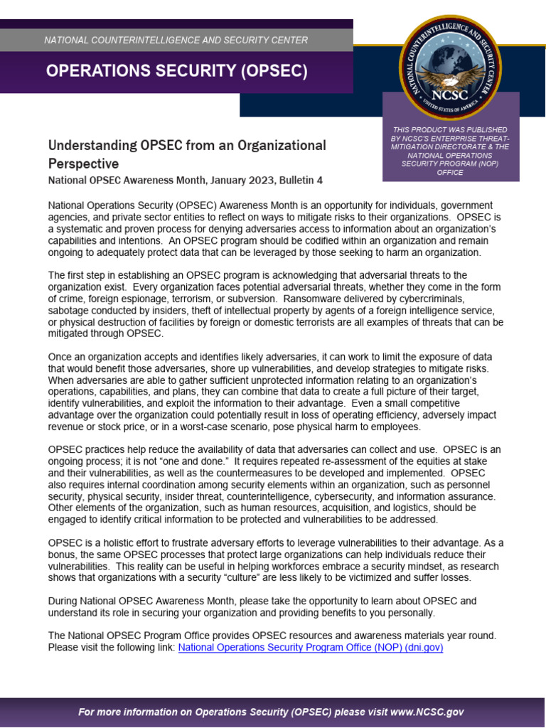 Understanding OPSEC From An Organizational Perspective Bulletin 4 | PDF