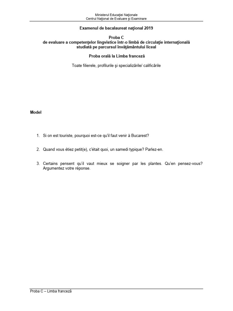 C Franceza Oral Bilet Subiect Model Si Barem2019 | PDF