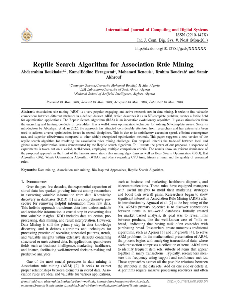 Reptile Search Algorithm For Association Rule Mining | PDF