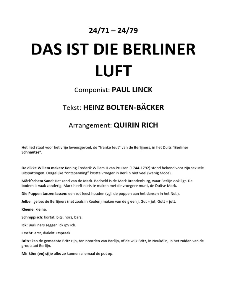 A. Das Ist Die Berliner Luft Koorpartij Sol Sleutel - Full Score | PDF