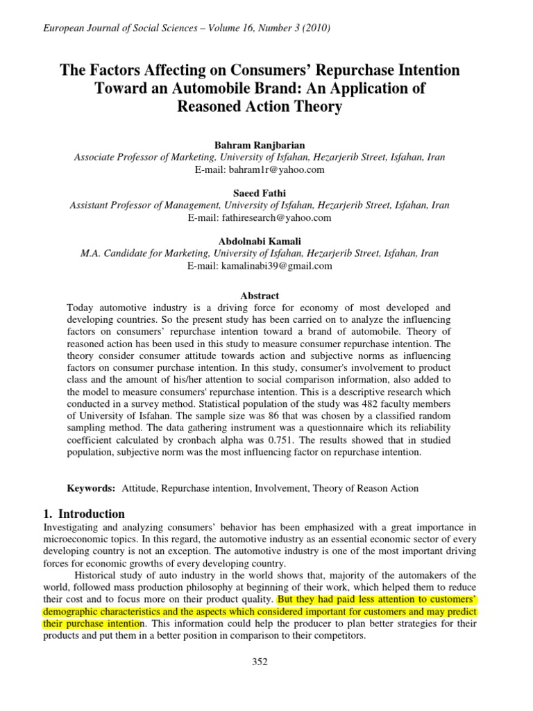 Repurchase Intention of Brand Automobile - TPB | PDF | Intention ...
