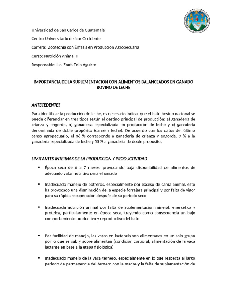Importancia de La Suplementacion Con Alimento Balanceado en Ganado Bovino Lechero | PDF | Leche ...