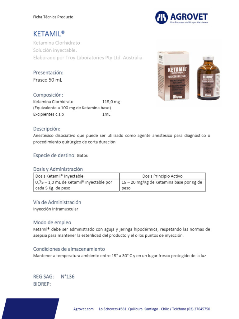 Ketamil®: Ketamina Clorhidrato Solución Inyectable. Elaborado Por Troy ...
