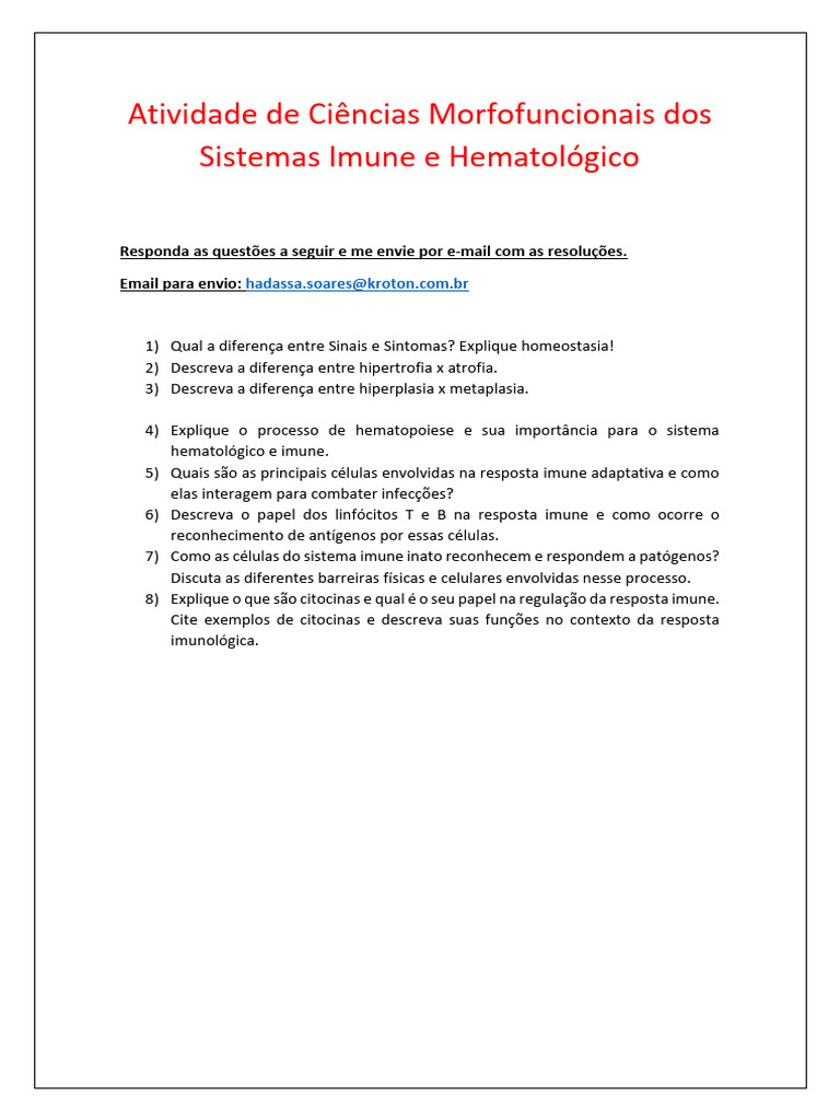 Atividade de Ciências Morfofuncionais Dos Sistemas Imune e Hematológico ...