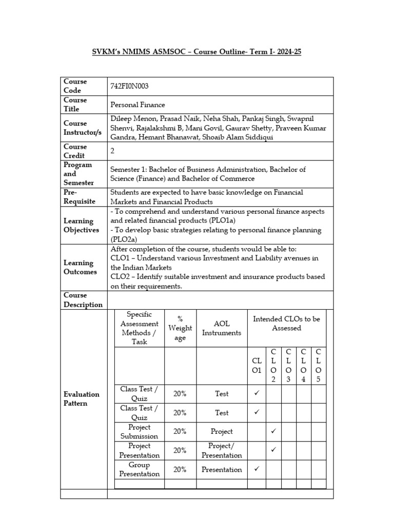 Personal Finance - Course Outline | PDF