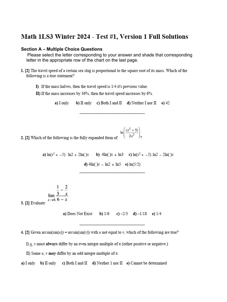 1LS3 Test 1 Full Solutions - W24 | PDF