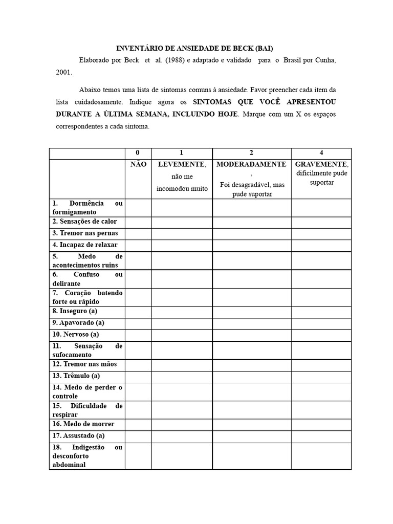 Inventário de Ansiedade de Beck | PDF