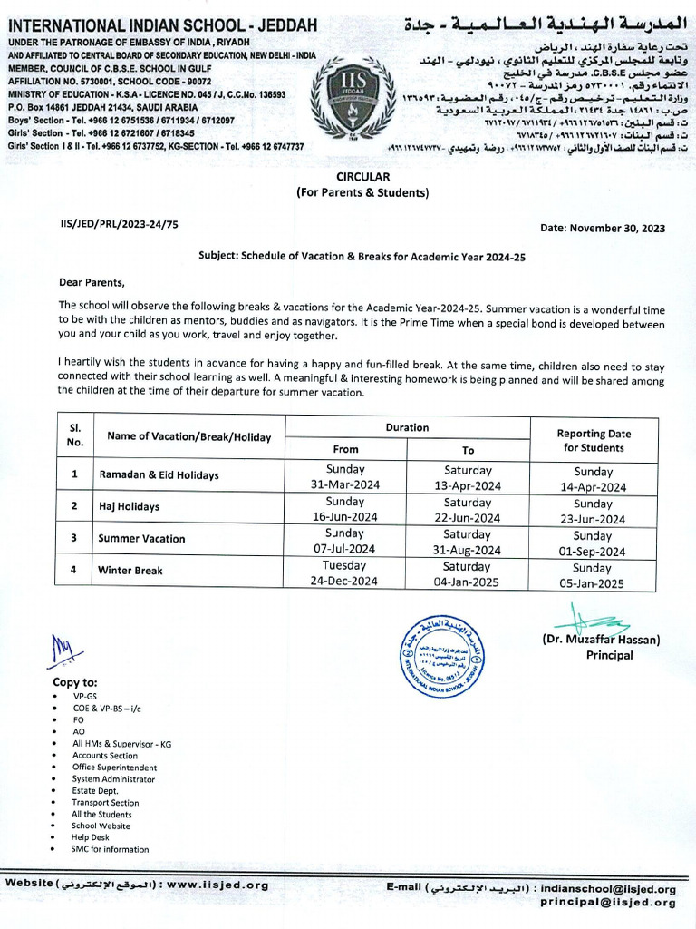 75-Circular-Schedule of Vacation & Breaks For Academic Year 2024-25 ...