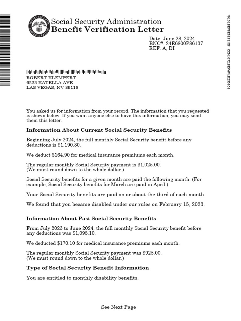 Benefit Verification Letter | PDF | Social Security (United States ...