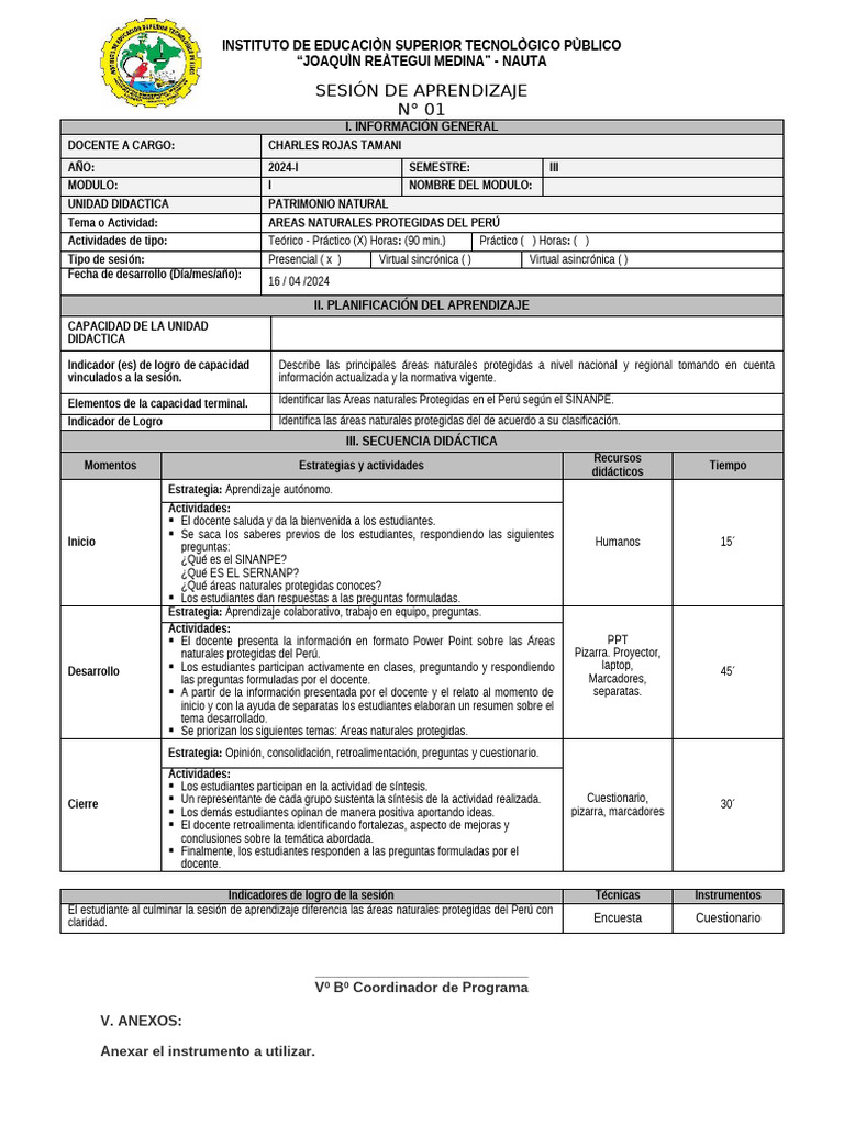 Modelo de Sesion de Aprendizaje-2024 | PDF