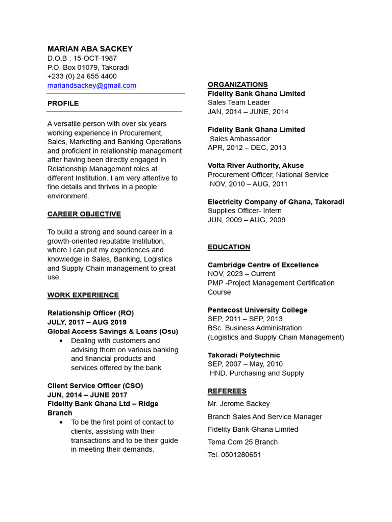 Marian Aba Sackey 1 Page CV | PDF | Business | Business