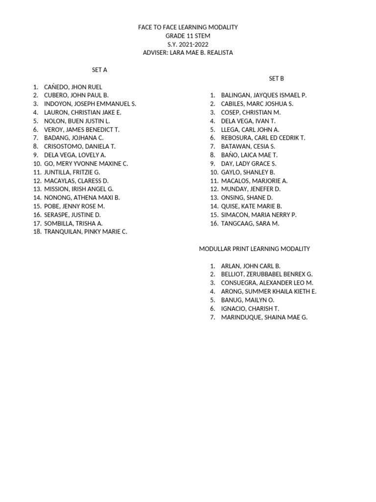 Grade 11 Stem Face To Face Calssroom Set Up | PDF