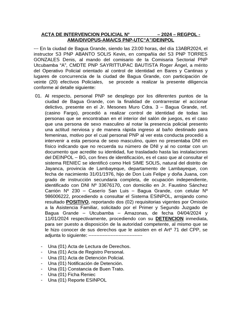 Acta de Intervencion Policial RQ | PDF | Documento de identidad