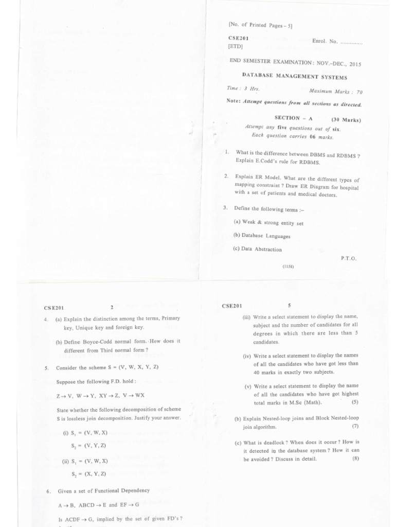 Database Management Systems, CSE201 (Nov.-Dec. 2015) | PDF