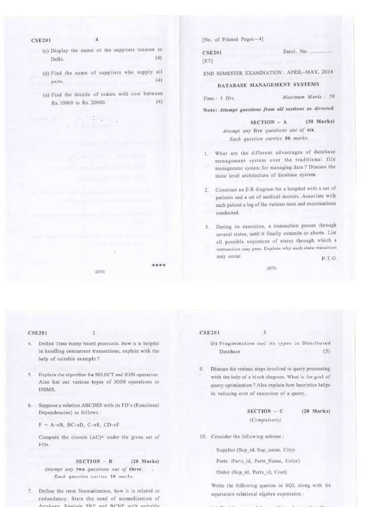 Database Management Systems, CSE201 (ET), April-May 2016 | PDF