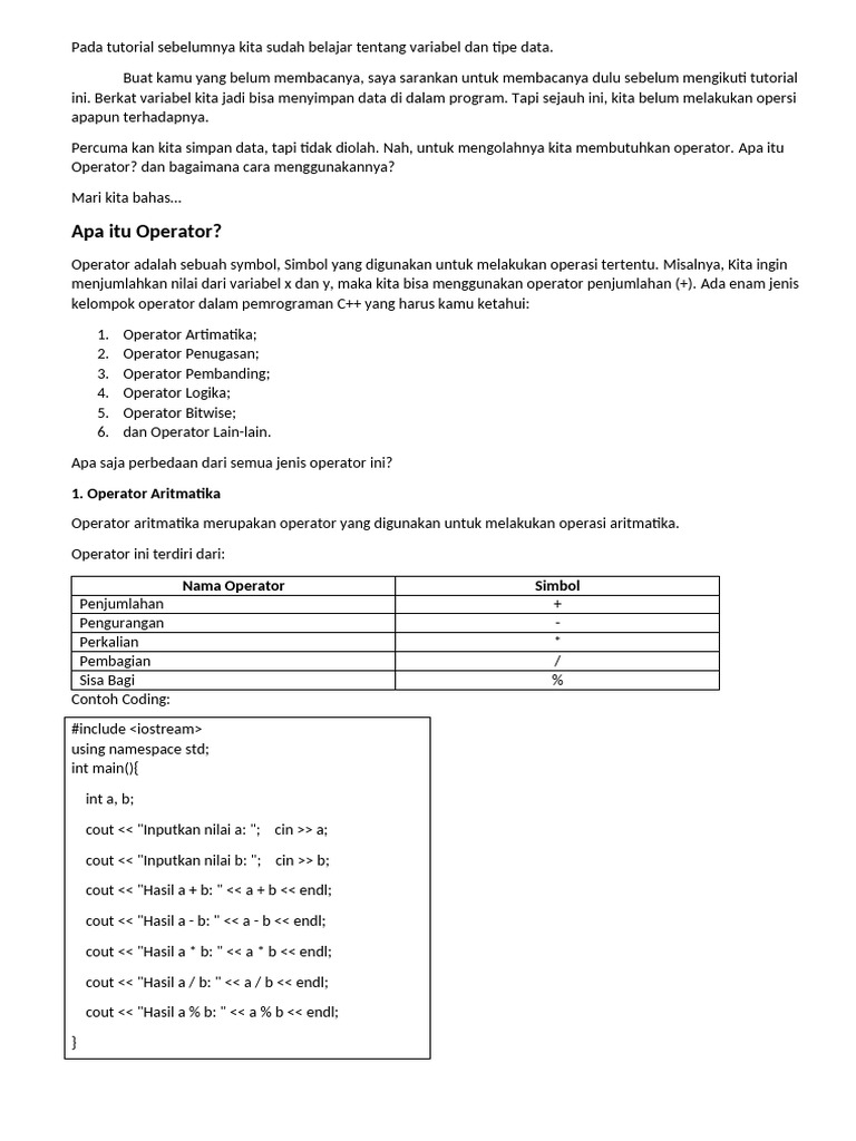 Panduan Operator dalam Pemrograman C++ | PDF