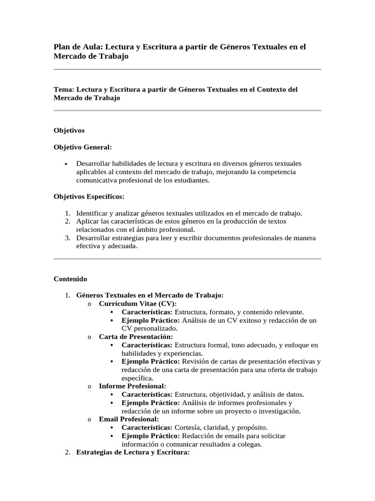 Plan de Aula Lectura y Escritura | PDF | Evaluación | Crecimiento ...