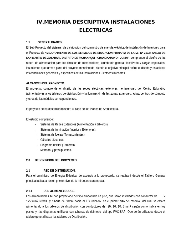 Memoria Descriptiva Instalaciones Electricas | PDF