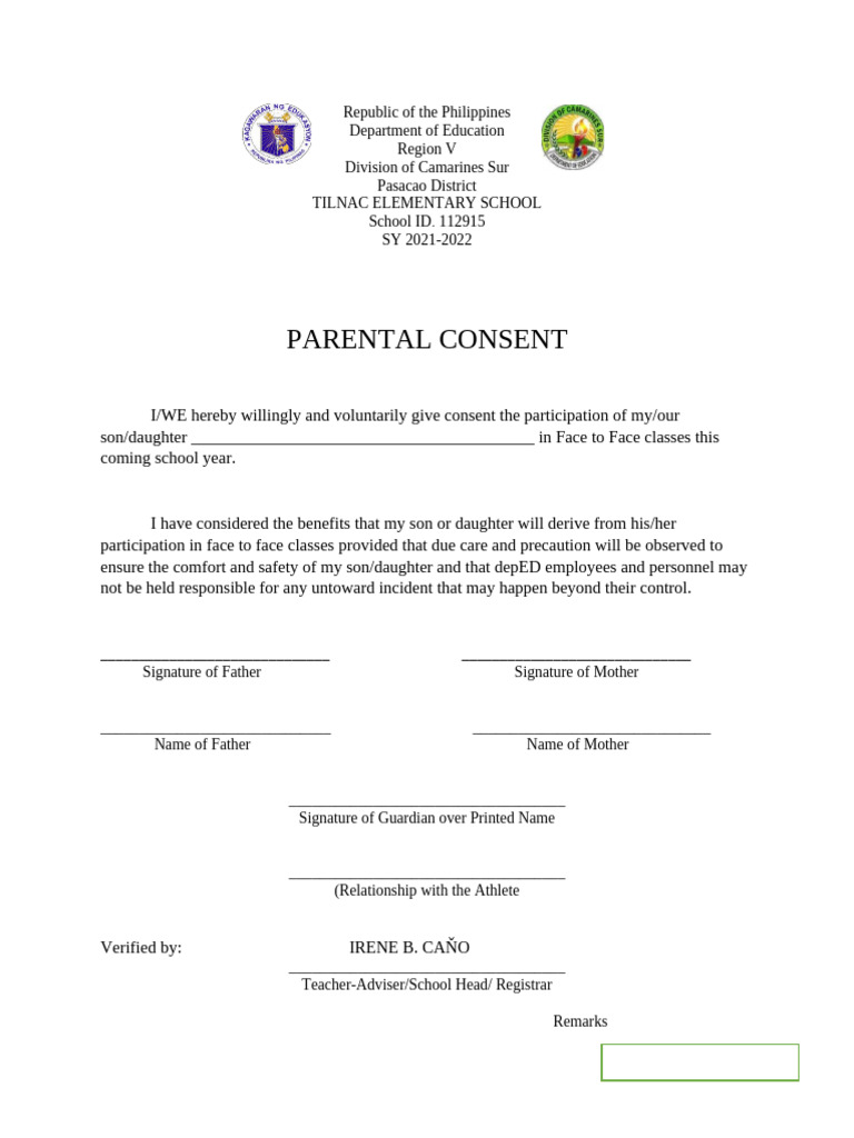 Parental Consent Face to Face Classes | PDF