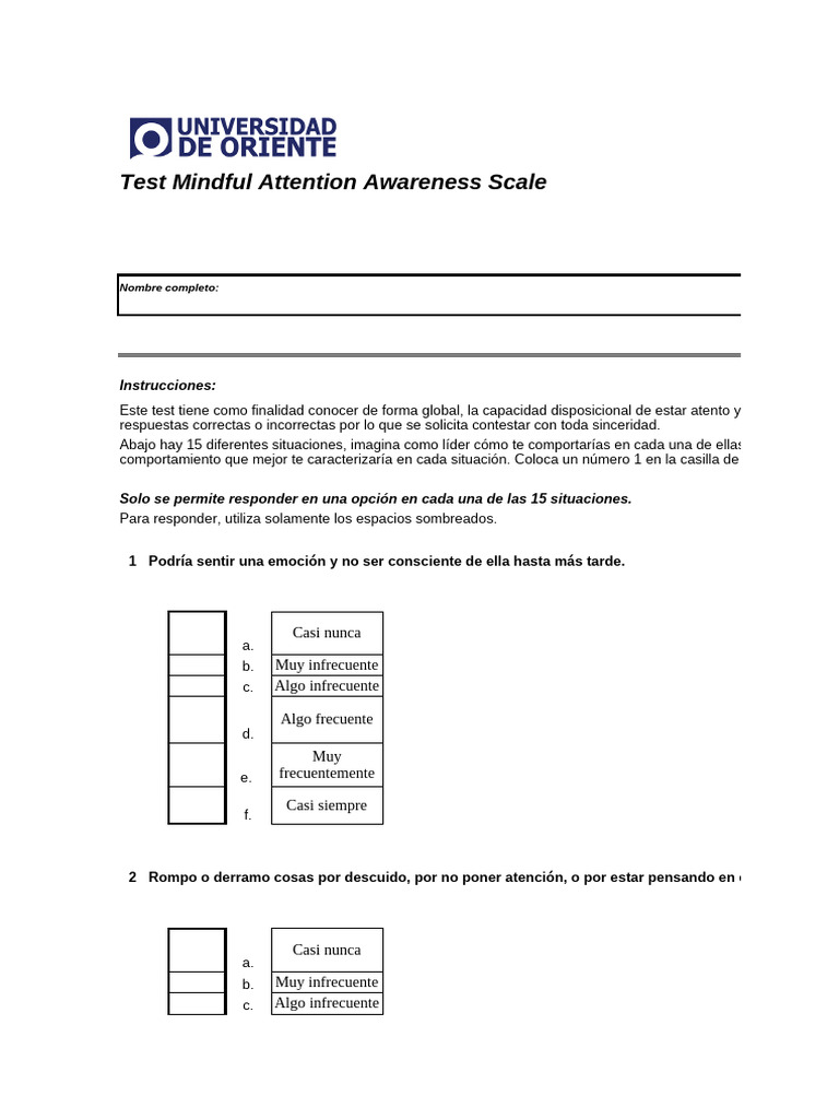 Test Mindful Attention Awareness Scale | PDF