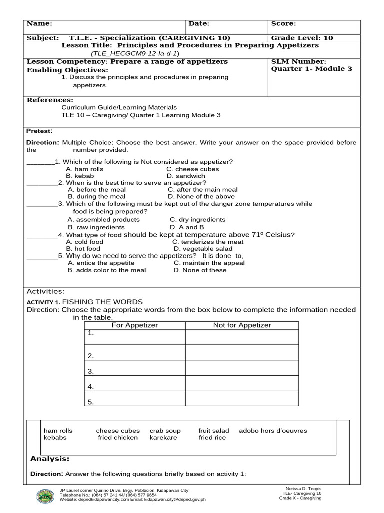 SLM CAREGIVING 10 Q1M3 Final | PDF | Hors D'oeuvre | Foods
