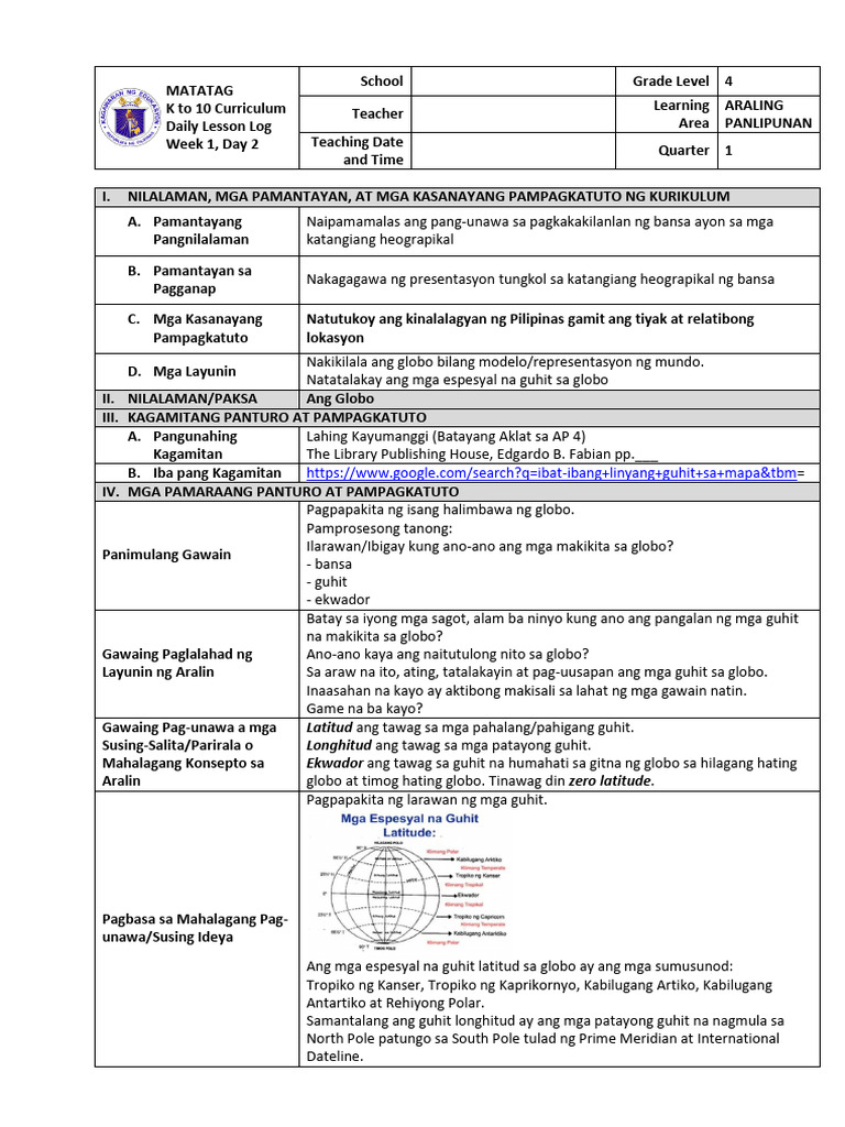 DLL Matatag AP - 4 - Q1 - W1 - Day 2 | PDF