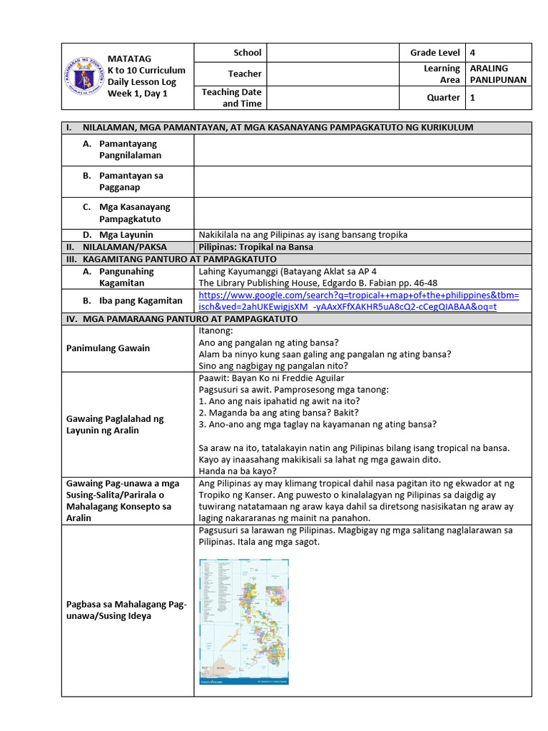 DLL Matatag AP - 4 - Q1 - W1 - Day 1 | PDF