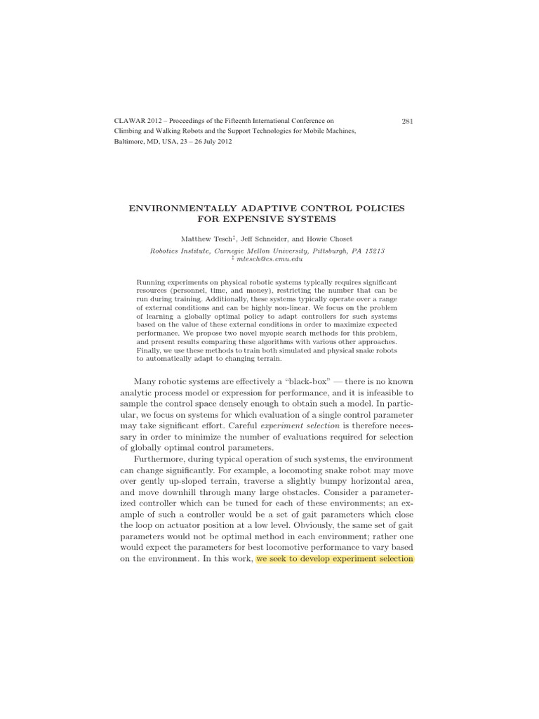 Environmentally Adaptive Control Policies For Expensive Systems | PDF