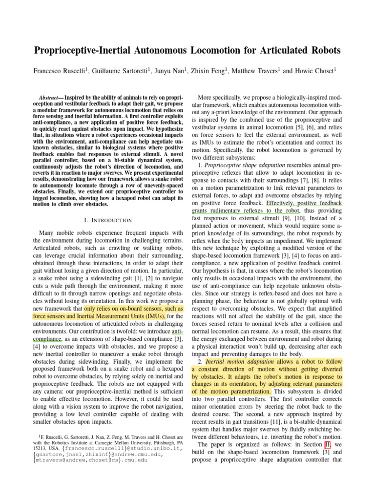 Proprioceptive Inertial Autonomous Locomotion For Articulated Robots | PDF Proprioceptive Inertial Autonomous Locomotion For Articulated Robots | PDF