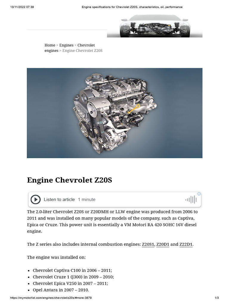 Engine Specifications For Chevrolet Z20S, Characteristics, Oil ...