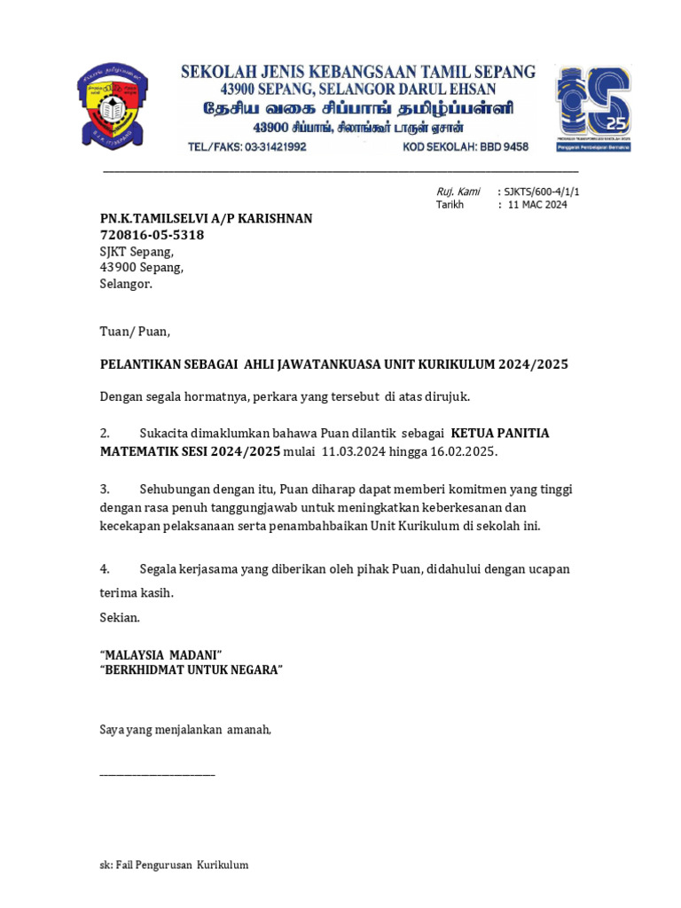 Surat Lantikan KETUA PANITIA 2024 | PDF