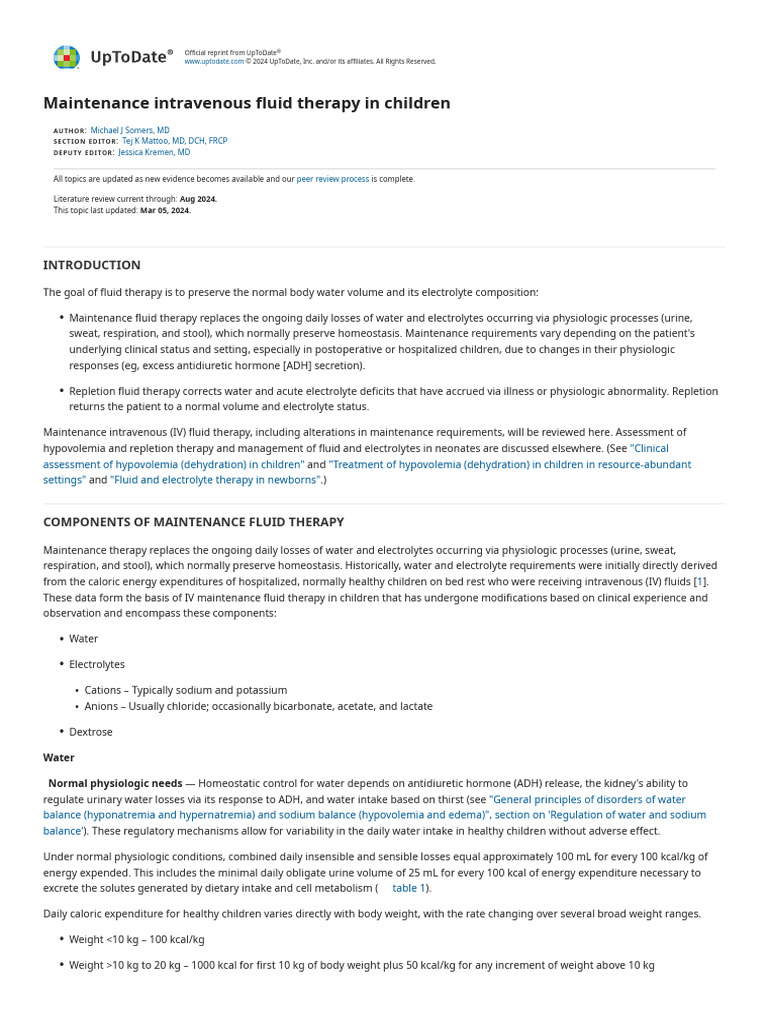 Maintenance Intravenous Fluid Therapy in Children - UpToDate | PDF