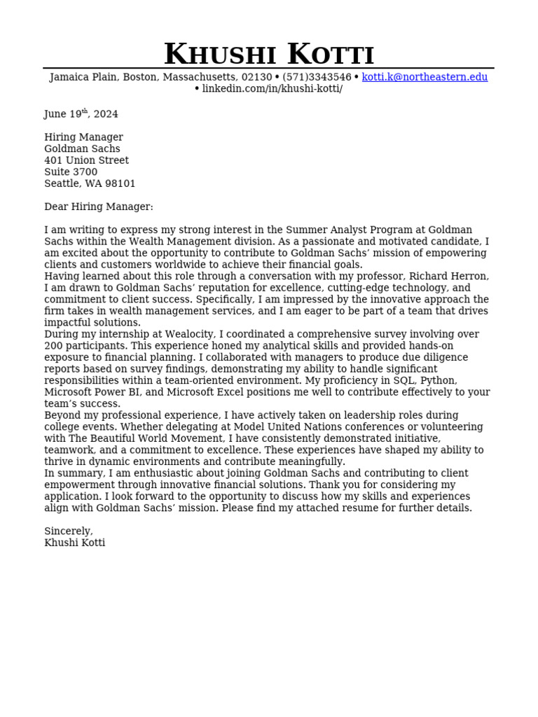 Cover Letter (Goldman Sachs!) | PDF