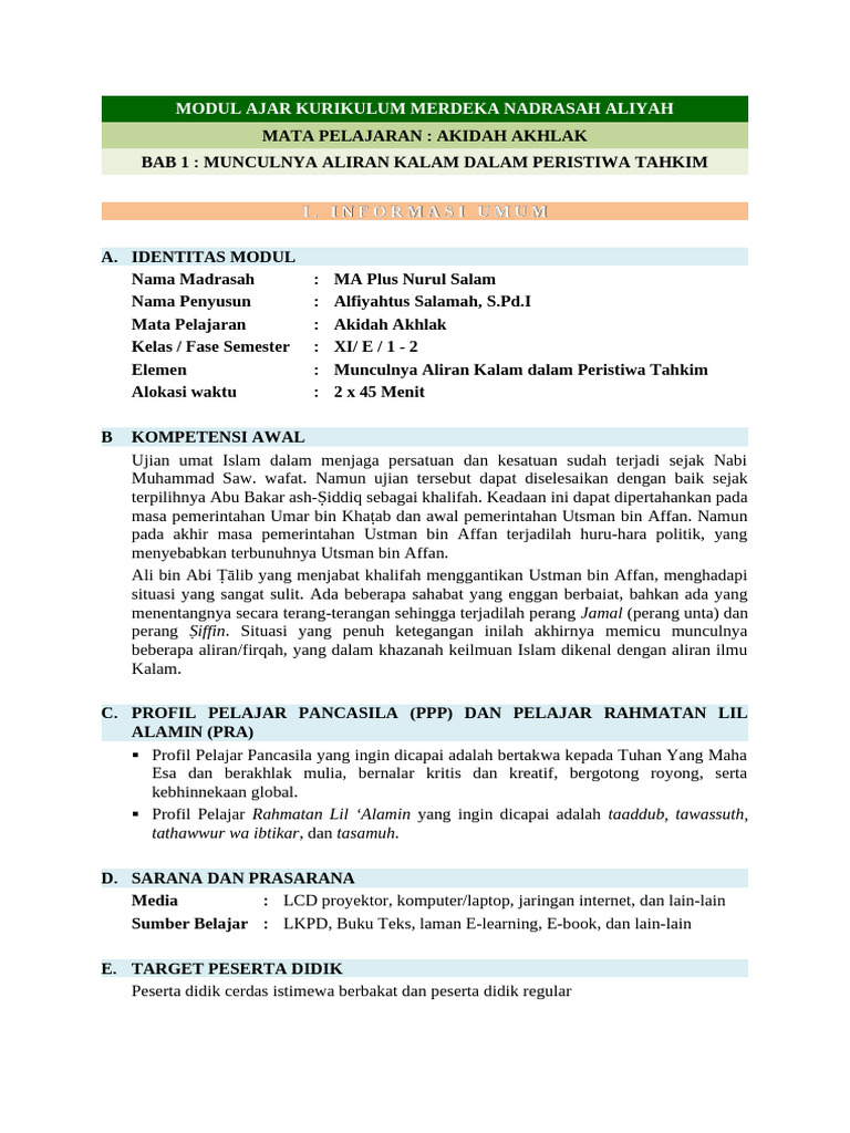 Modul Akla 11 Bab 1 - Munculnya Aliran Kalam Dalam Peristiwa Tahkim | PDF