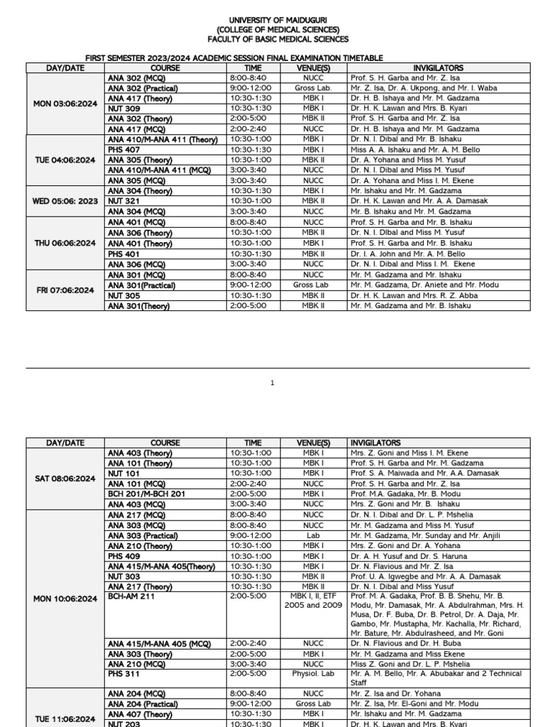FIRST Semester Examinations 2023 2024 Final Time Table | PDF