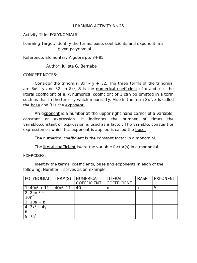 Learning Activity Sheet No 25 (Polynomials2) | PDF