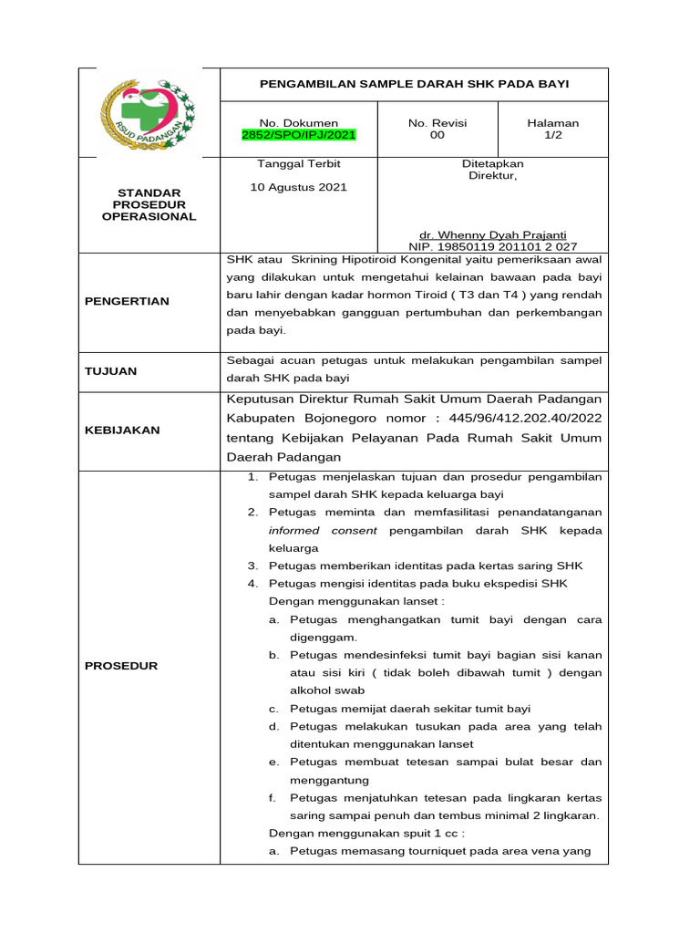Spo Pengambilan Sampel SHK | PDF