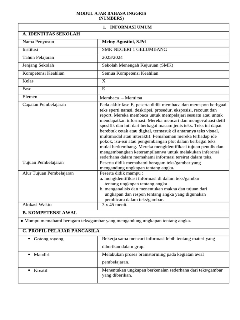 2023 Mey Modul Ajar X Numbers Membaca Memirsa PDF