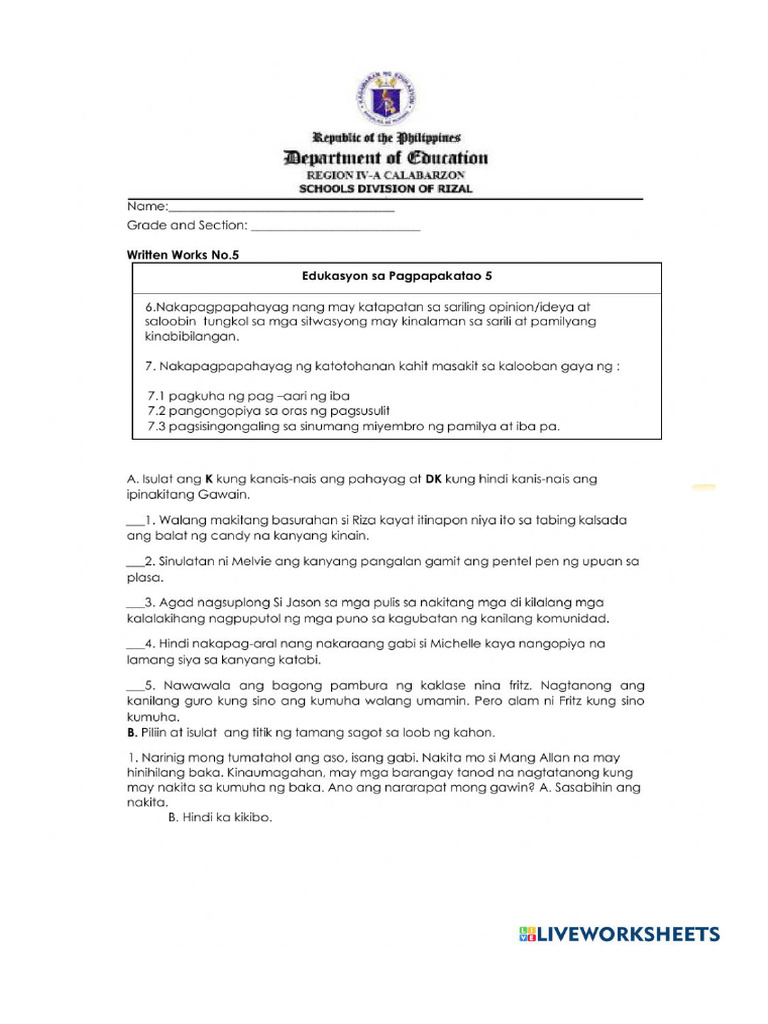 Esp 5 Worksheet | PDF