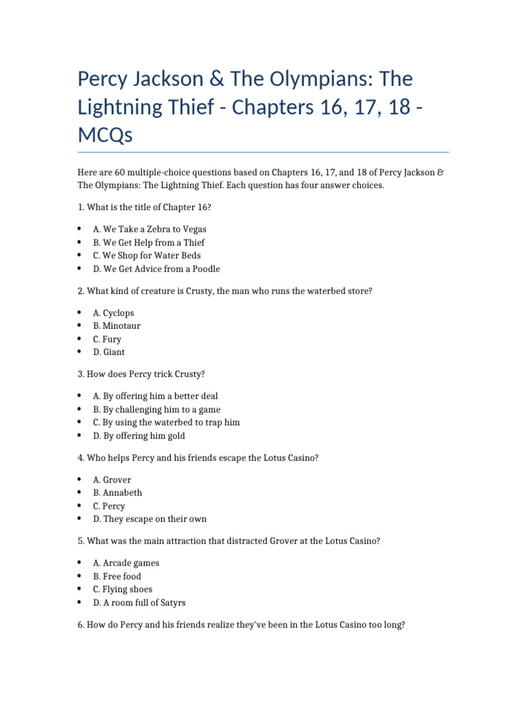 Lightning Thief Chapters 16-18 MCQs | PDF | Hades | Poetry