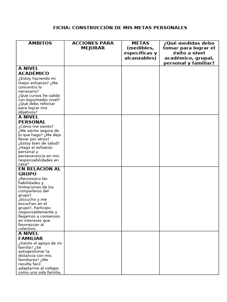 Ficha de Construcción de Mis Metas Personales | PDF