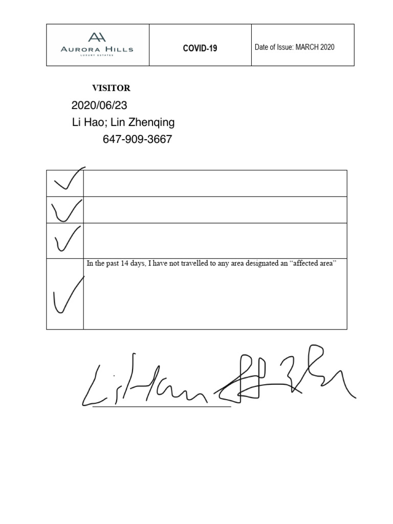 Aurora Hills COVID-19 Visitor Confirmation Form Buyer | PDF