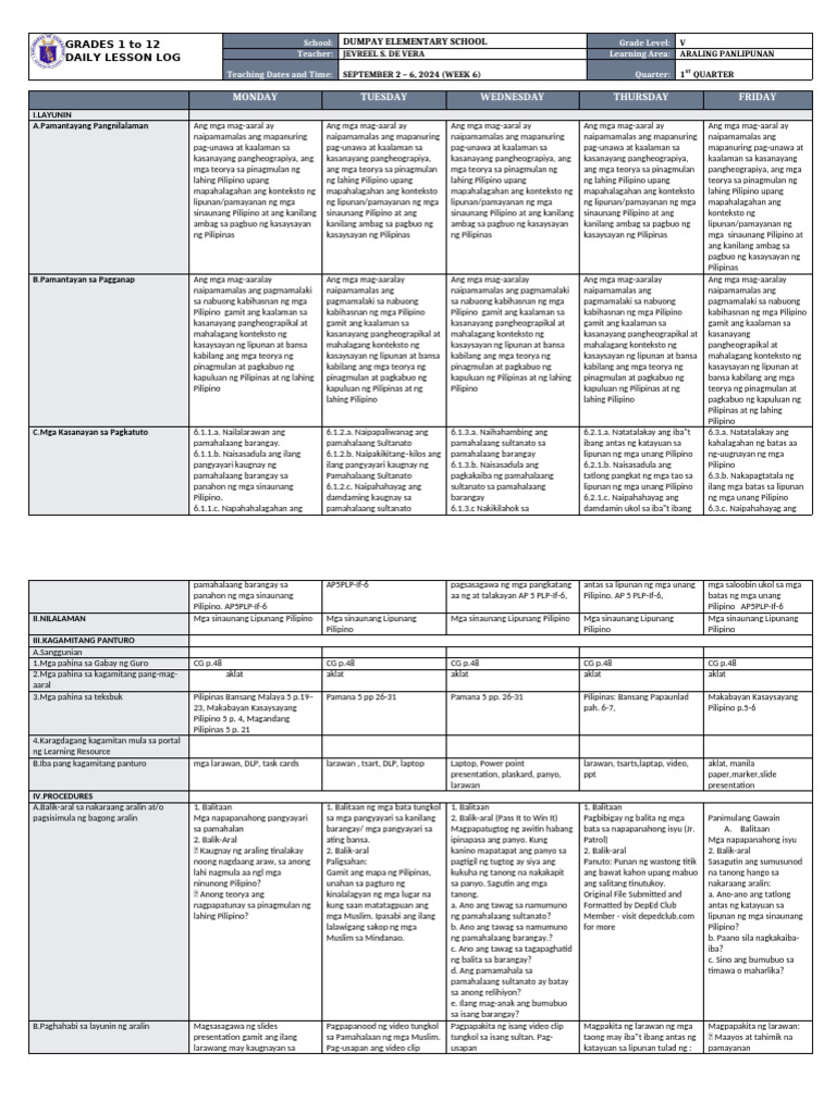 DLL - Araling Panlipunan 5 - Q1 - W6 | PDF