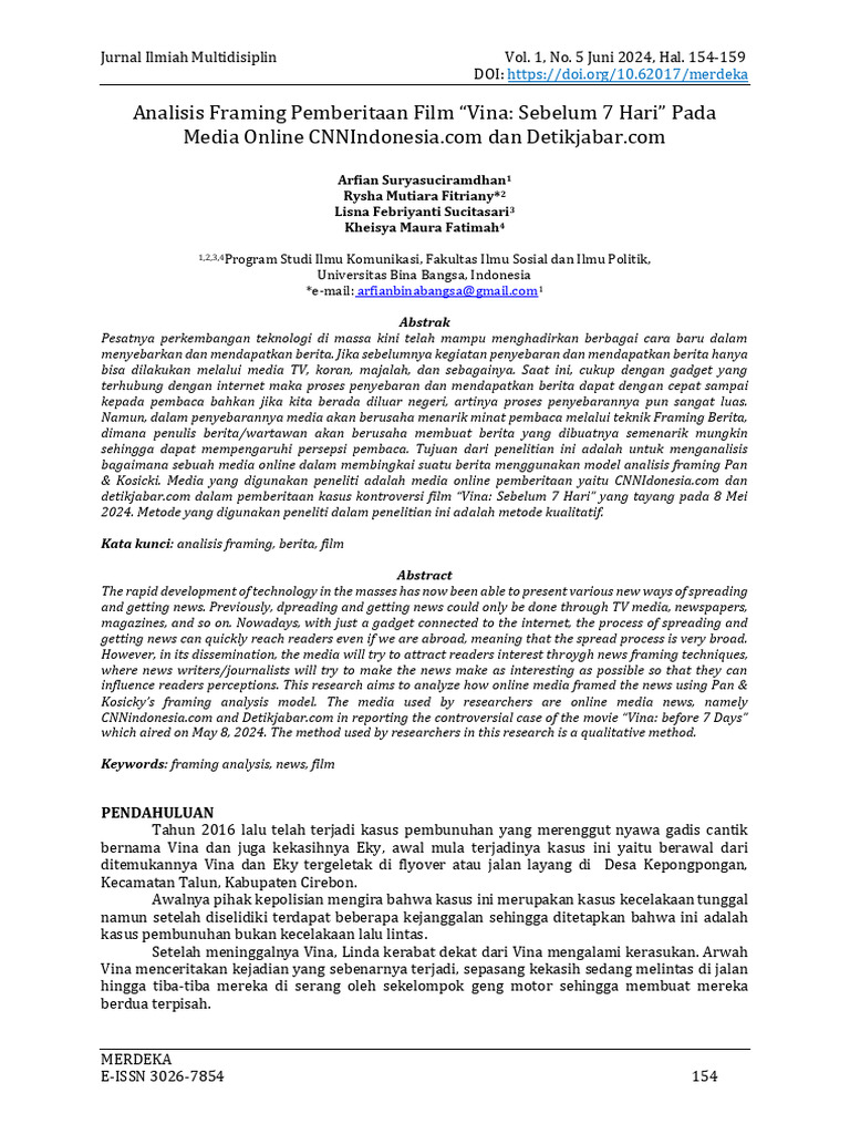Analisis Framing Pemberitaan F Pada: Ilm "Vina: Sebelum 7 Hari" | PDF