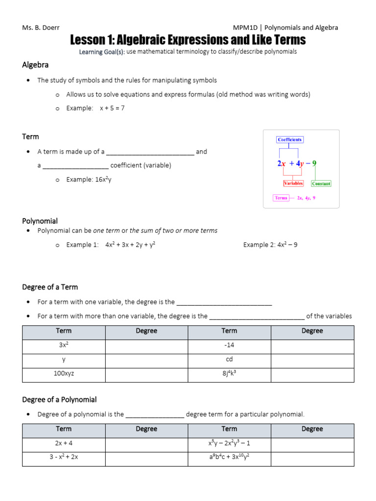 1 - Algebraic Exp and Like Terms | PDF
