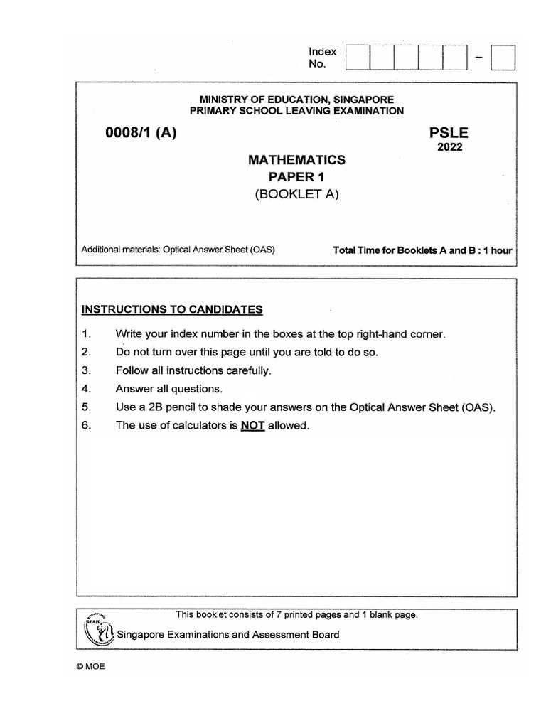 PSLE Maths 2022 Paper 1 Booklet A | PDF